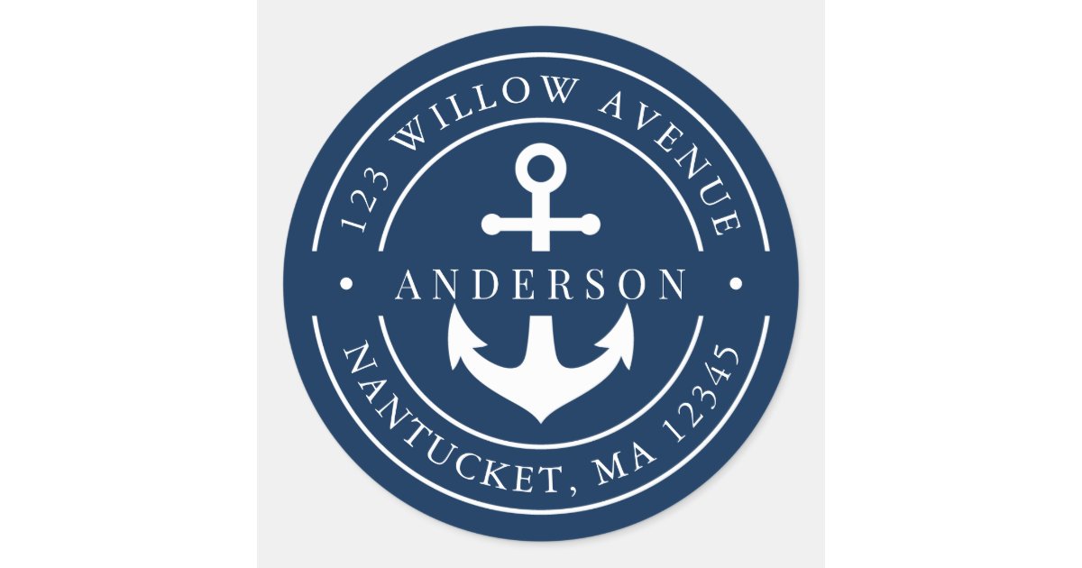 Editable Color White Border Anchor Return Address Classic Round Sticker ...