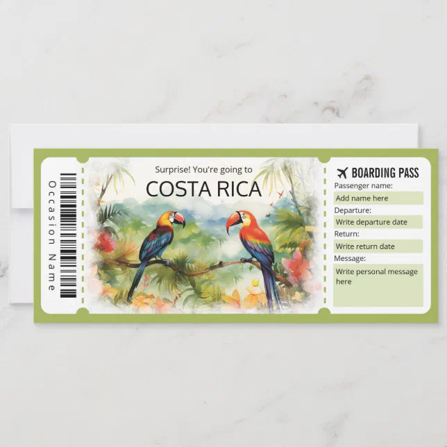 Editable Costa Rica Plane ticket Boarding Pass Invitation | Zazzle
