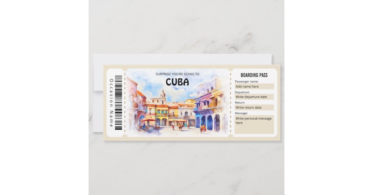 Editable Cuba Plane Boarding Pass Ticket Invitation | Zazzle
