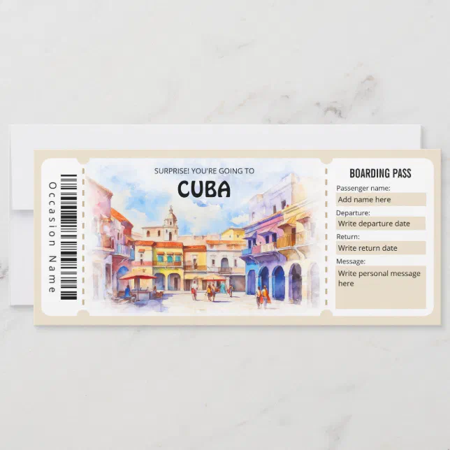 Editable Cuba Plane Boarding Pass Ticket Invitation | Zazzle