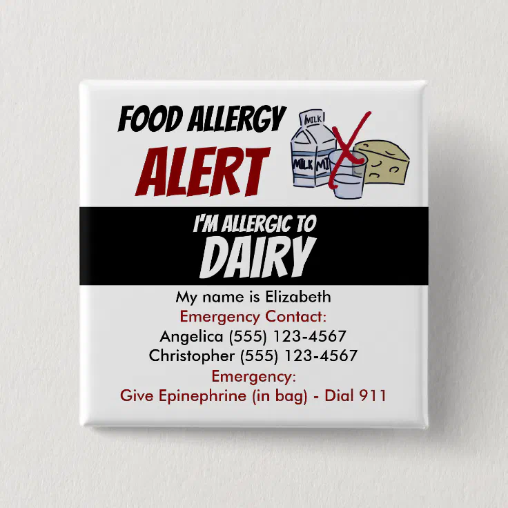 Editable Dairy Food Allergy Alert Warning Button | Zazzle