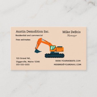 Editable Demolition Excavator Business Card | Zazzle