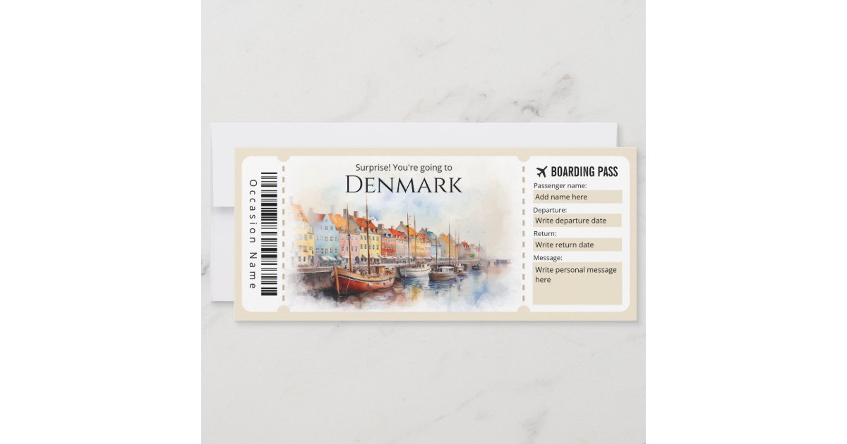 Editable Denmark Boarding Pass Plane ticket Invitation | Zazzle