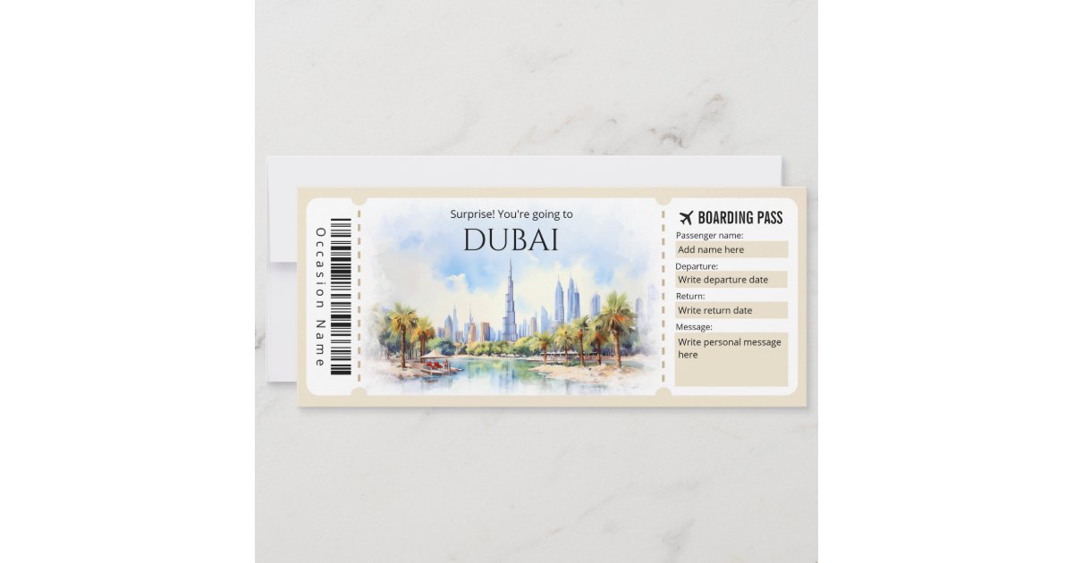 Editable Dubai Boarding Pass Plane ticket Invitation | Zazzle