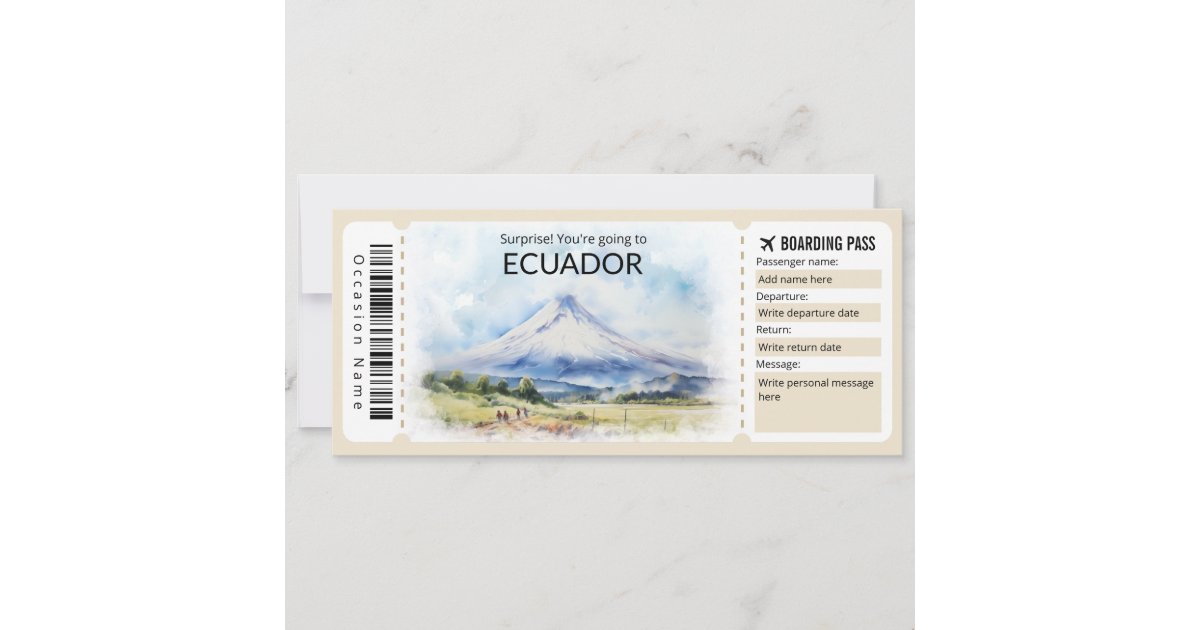 Editable Ecuador Plane ticket, Ecuador Trip Invitation | Zazzle