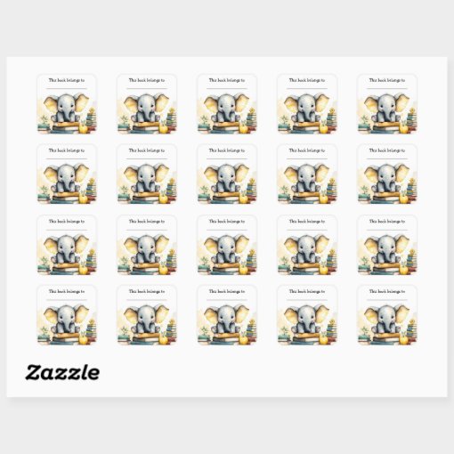 Editable Elephant and Books Bookplate Sticker | Zazzle