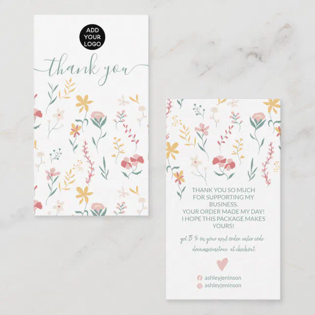 Editable floral cute illustration thank you business card | Zazzle