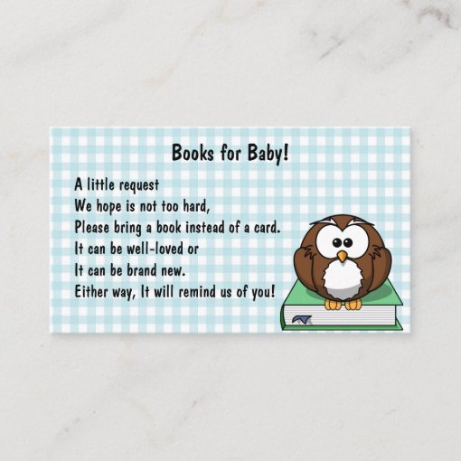Editable Gingham and Owl on a Book Babys Library Enclosure Card | Zazzle