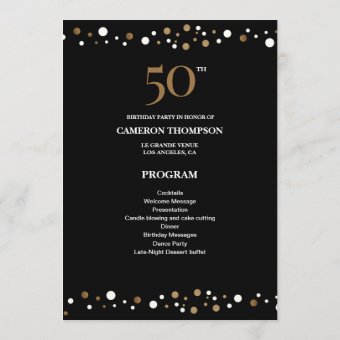 Editable Gold and Black confetti 50th birthday Program | Zazzle