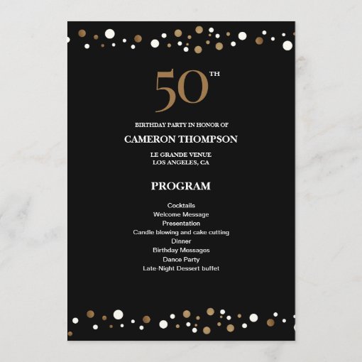 Editable Gold and Black confetti 50th birthday Program | Zazzle