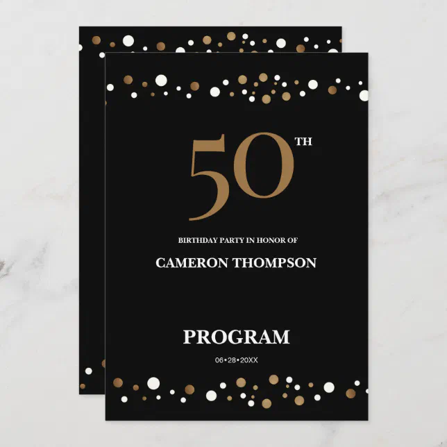 Editable Gold and Black confetti 50th birthday Program | Zazzle