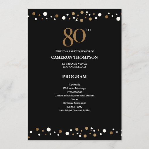 Editable Gold and Black confetti 80th birthday Program | Zazzle