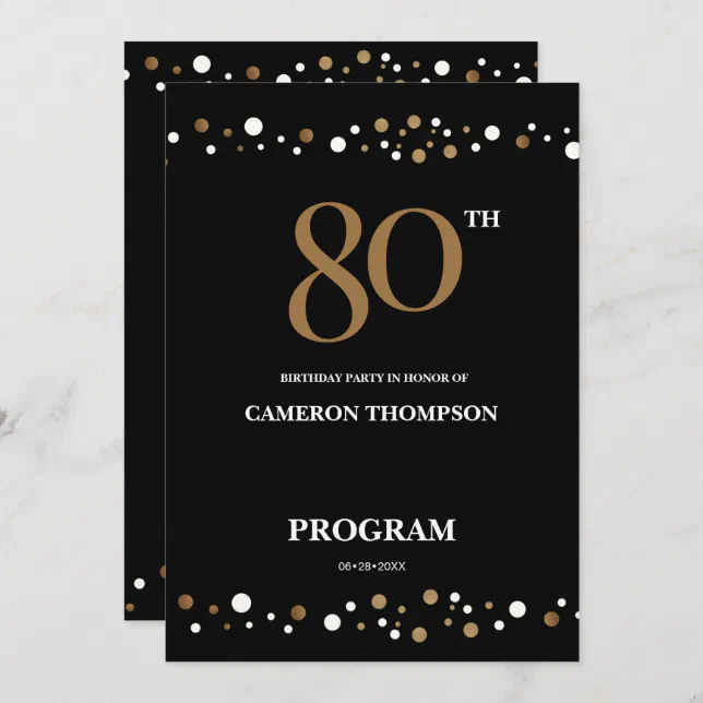 Editable Gold and Black confetti 80th birthday Program | Zazzle