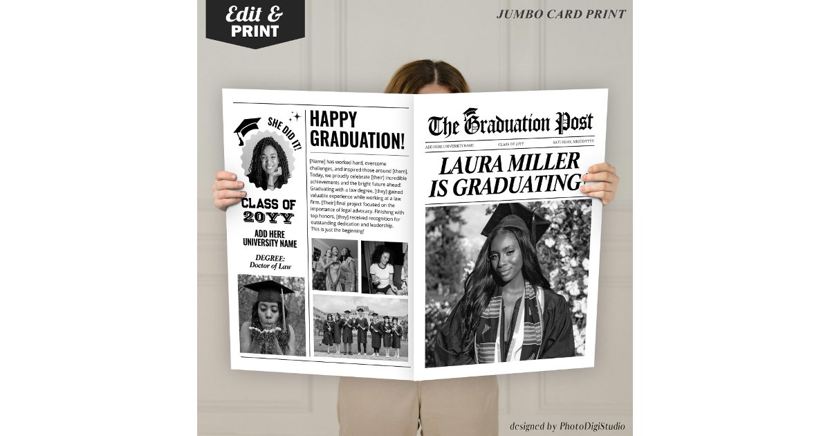 Editable Graduation Newspaper Graduate Photo Prop Card | Zazzle