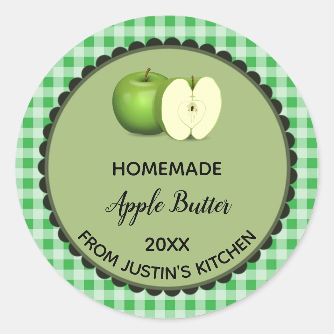 Editable Green Gingham Apple Butter Label Stickers | Zazzle