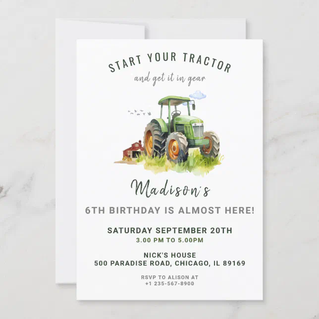 Editable Green Tractor Birthday Invitation | Zazzle