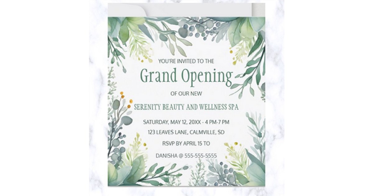 Editable Greenery Grand Opening Invitation | Zazzle
