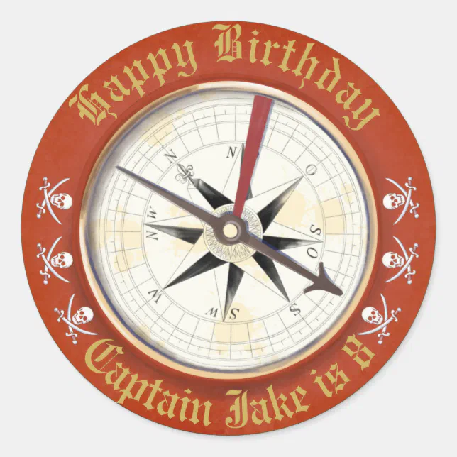 Editable Happy Birthday Compass Pirate Classic Round Sticker | Zazzle