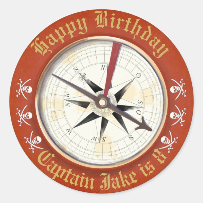 Editable Happy Birthday Compass Pirate Classic Round Sticker | Zazzle.com