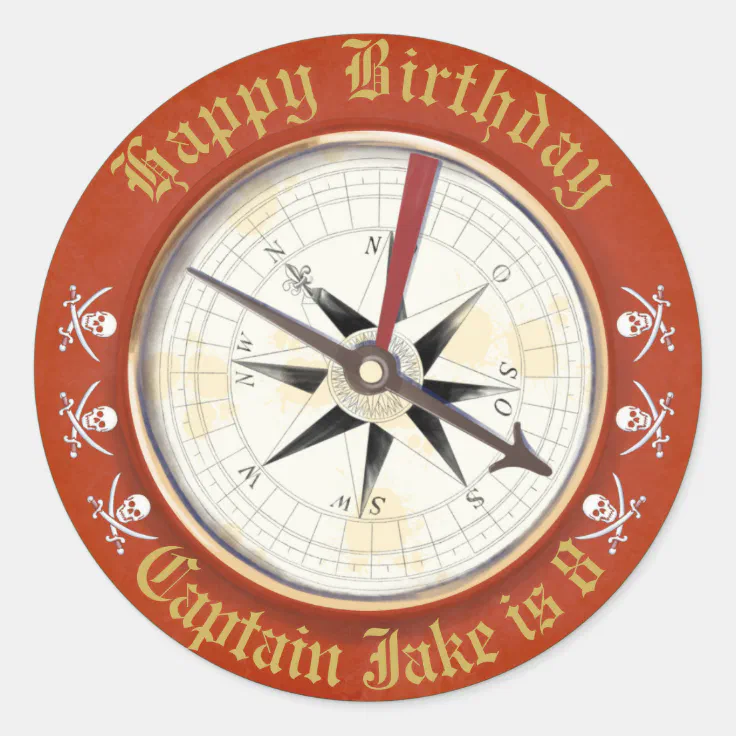 Editable Happy Birthday Compass Pirate Classic Round Sticker | Zazzle