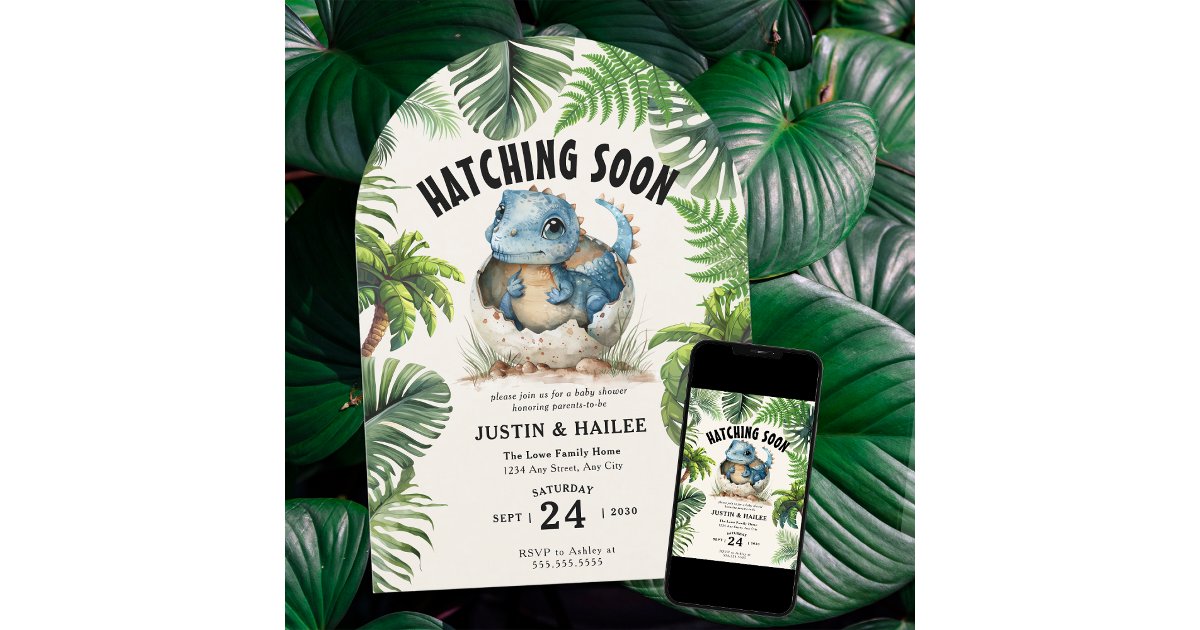 Editable Hatching Soon Dinosaur Baby Shower Invitation | Zazzle