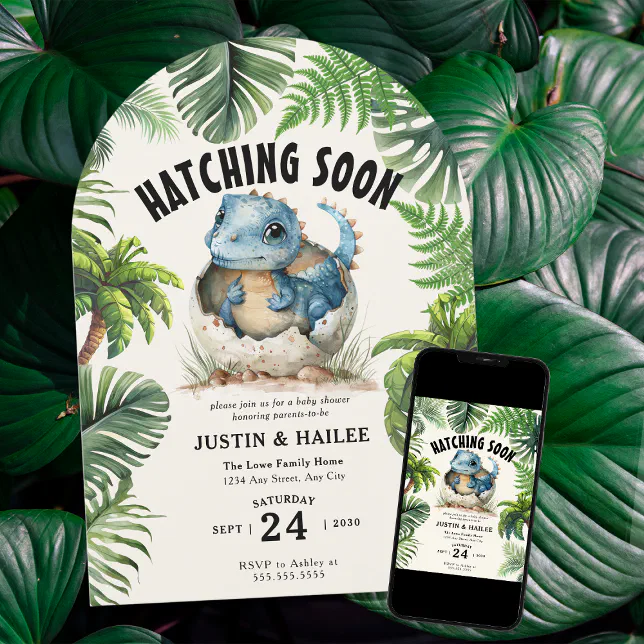 Editable Hatching Soon Dinosaur Baby Shower Invitation | Zazzle