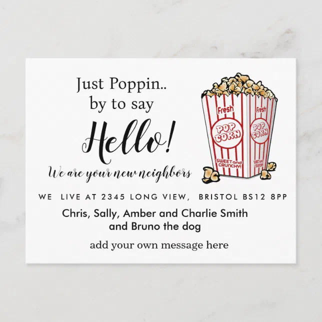 Editable Hello Neighbor, New Address, Popcorn Announcement Postcard ...