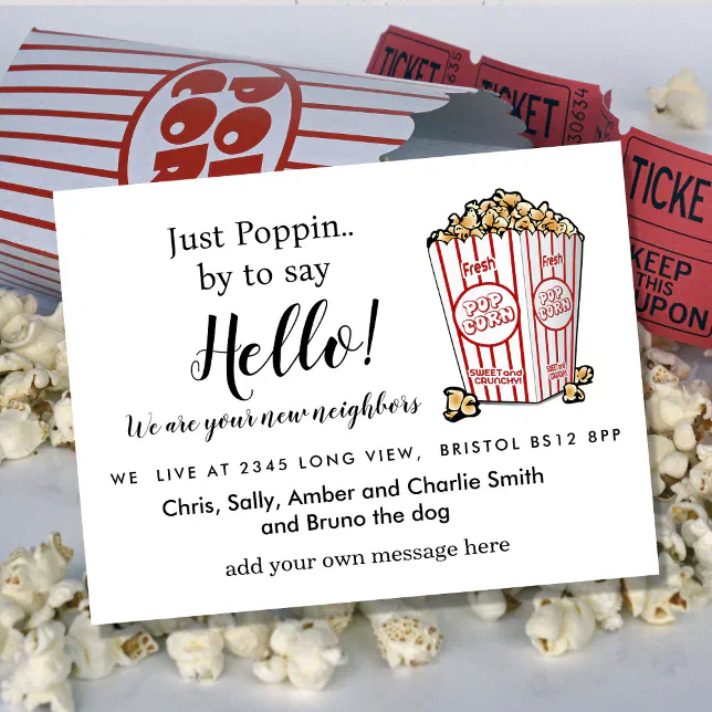 Editable Hello Neighbor, New Address, Popcorn Announcement Postcard ...