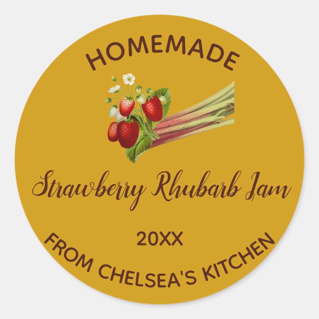 Editable Homemade Strawberry Rhubarb Jam Classic Round Sticker | Zazzle