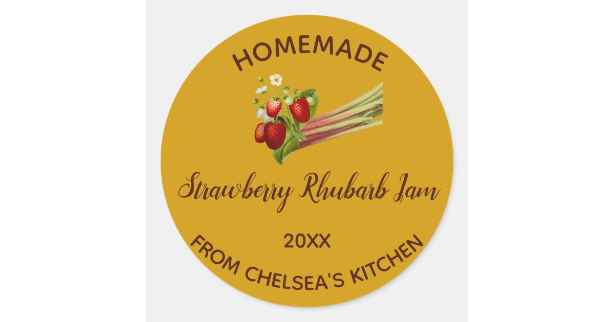 Editable Homemade Strawberry Rhubarb Jam Classic Round Sticker | Zazzle