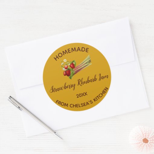Editable Homemade Strawberry Rhubarb Jam Classic Round Sticker | Zazzle