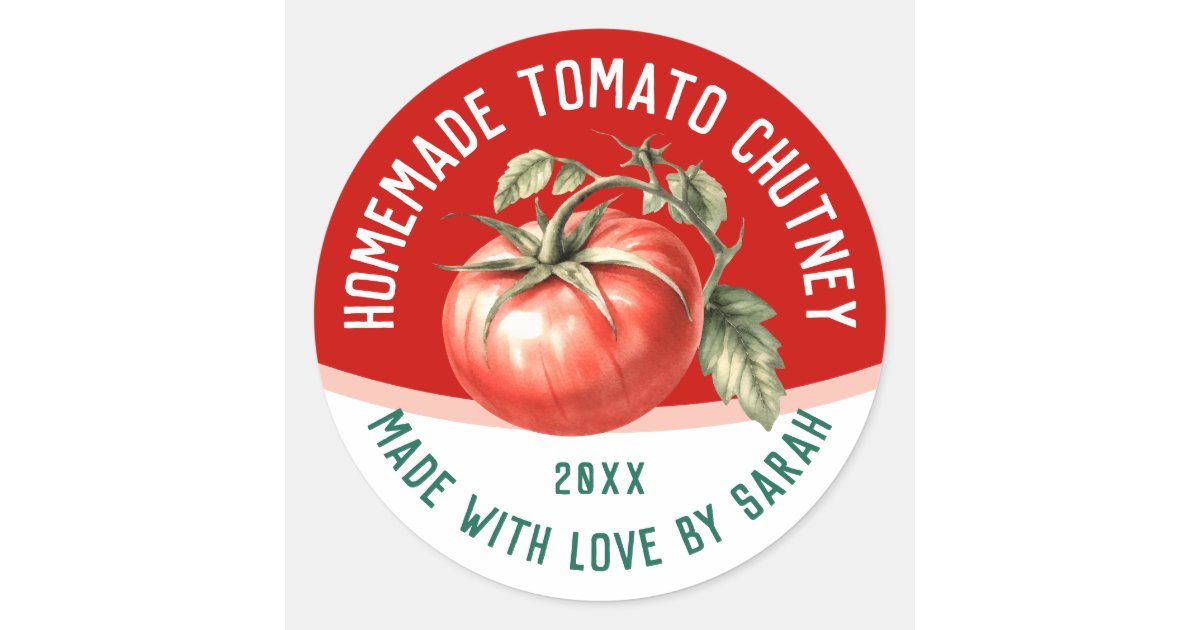 Editable Homemade Tomato Chutney with red tomato Classic Round Sticker ...