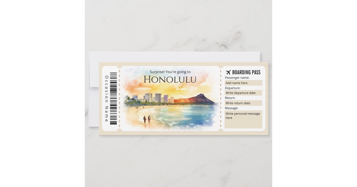 Editable Honolulu Boarding Pass Plane ticket Invitation | Zazzle