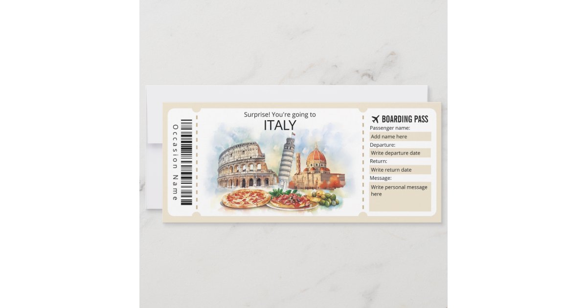 Editable Italy Plane ticket, Italy Trip Invitation | Zazzle