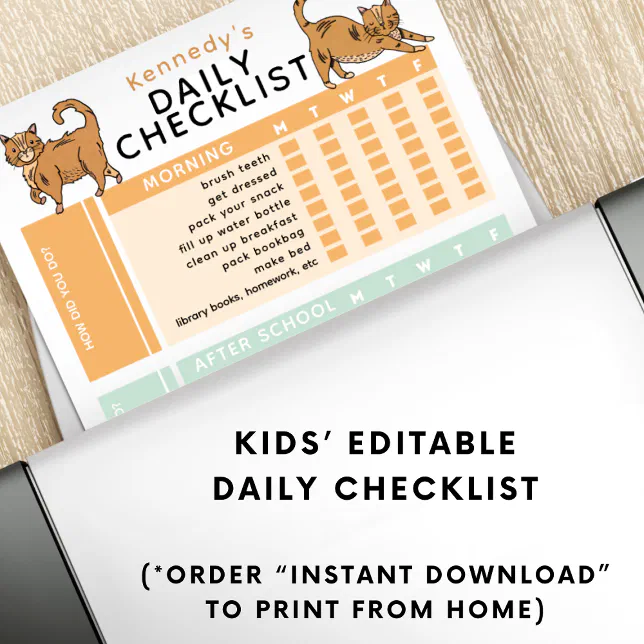 Editable Kids Daily Task Chore Checklist Printable Poster | Zazzle