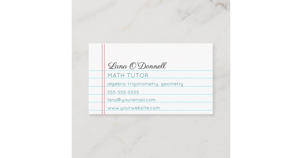 Editable Lined Notebook Paper Tutor Business Card | Zazzle