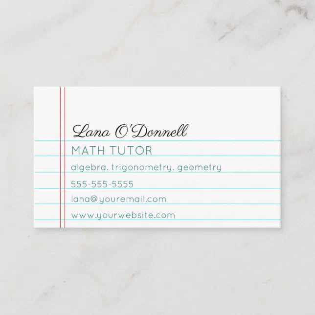 Editable Lined Notebook Paper Tutor Business Card | Zazzle