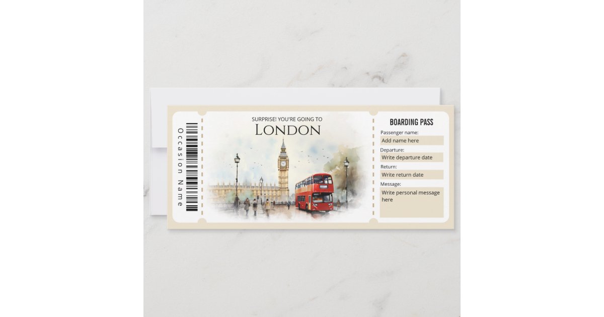 Editable London Plane Boarding Pass Ticket Invitation | Zazzle