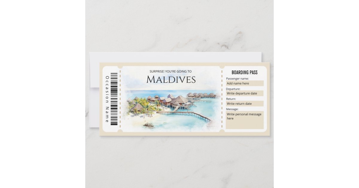 Editable Maldives Plane Boarding Pass Ticket Invitation | Zazzle