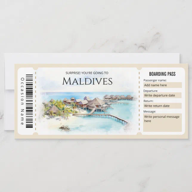 Editable Maldives Plane Boarding Pass Ticket Invitation | Zazzle