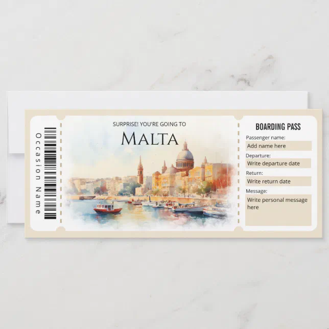 Editable Malta Plane Boarding Pass Ticket Invitation | Zazzle