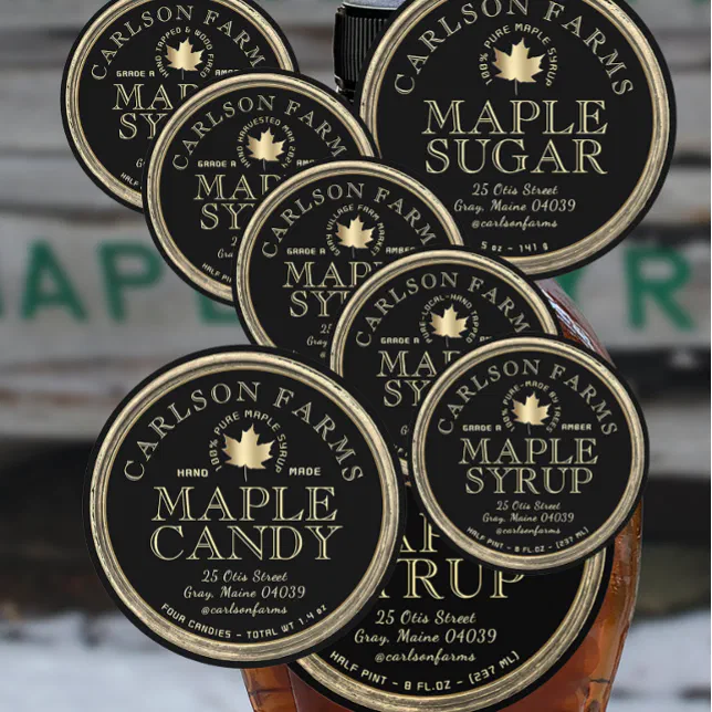 Editable Maple Syrup Fancy Border Black and Gold Classic Round Sticker ...