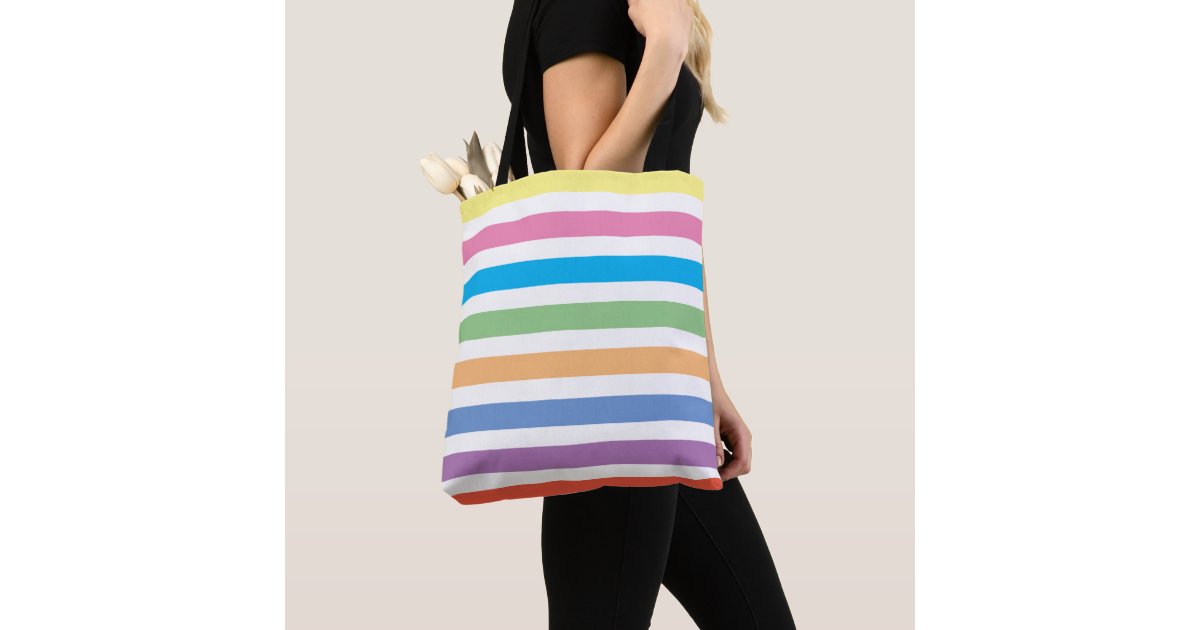 EDITABLE MODERN PASTEL COLORFUL STRIPE TOTE BAG | Zazzle