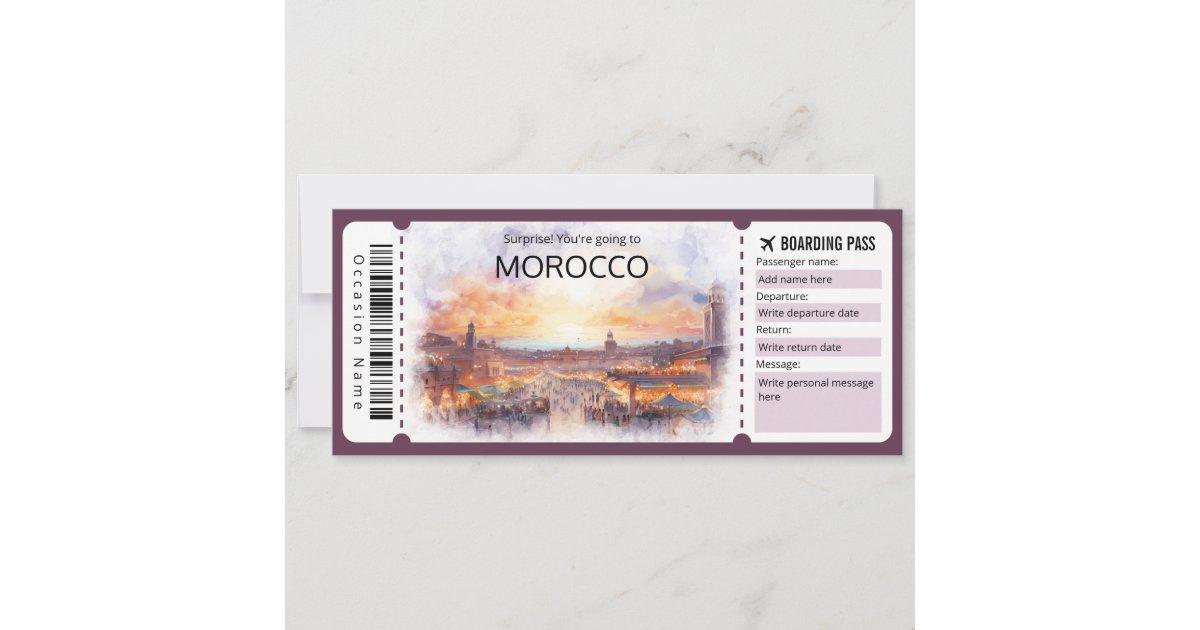 Editable Morocco Boarding Pass Plane ticket Invitation | Zazzle