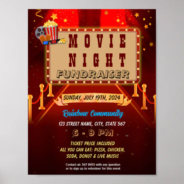 Editable movie night fundraiser flyer poster | Zazzle