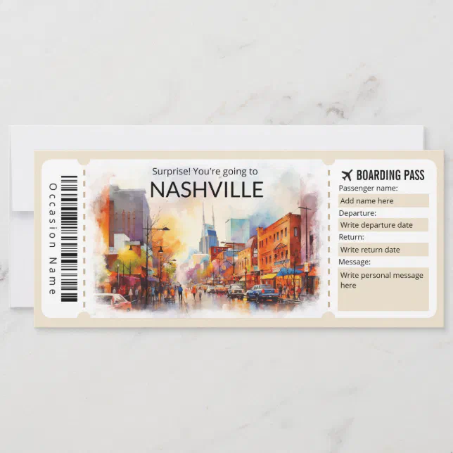 Editable Nashville Plane ticket, Tennessee Trip Invitation | Zazzle