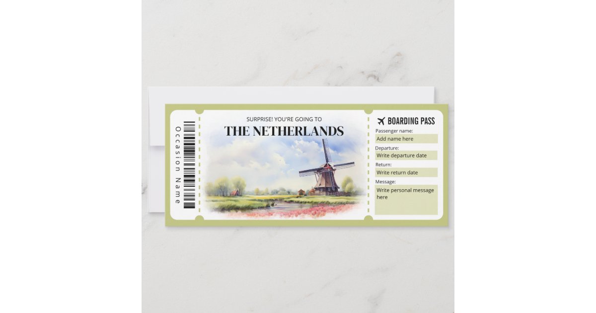 Editable Netherlands Boarding Pass Plane ticket Invitation | Zazzle