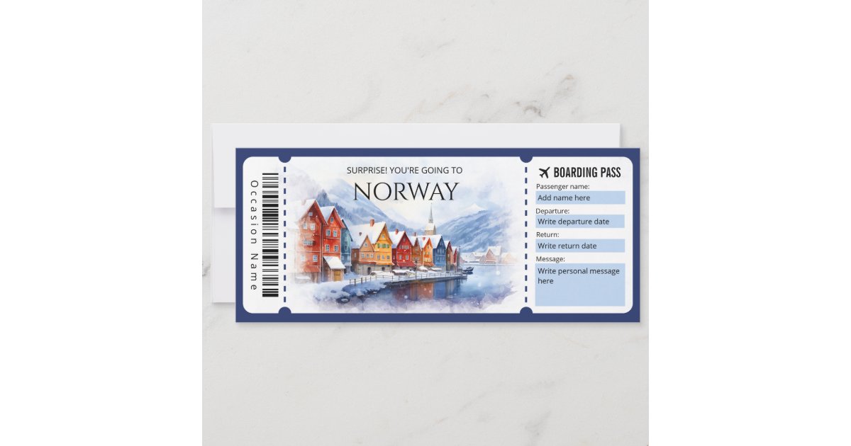 Editable Norway Plane Boarding Pass Ticket Invitation | Zazzle