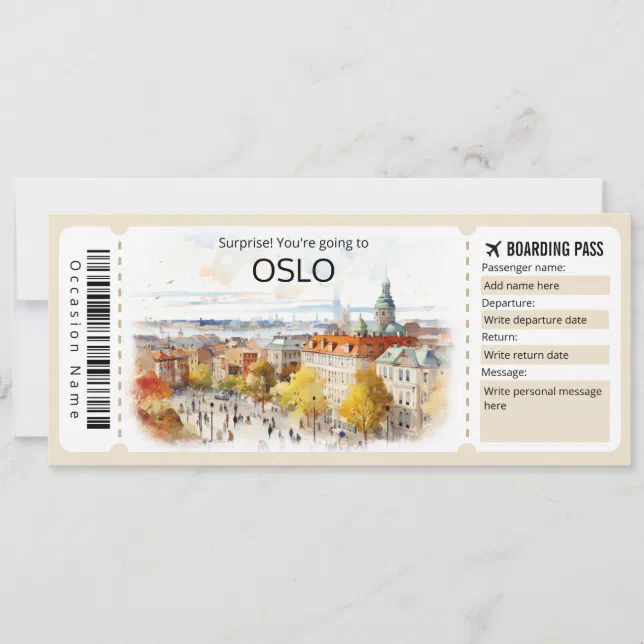 Editable Oslo Plane ticket, Norway Trip Invitation | Zazzle