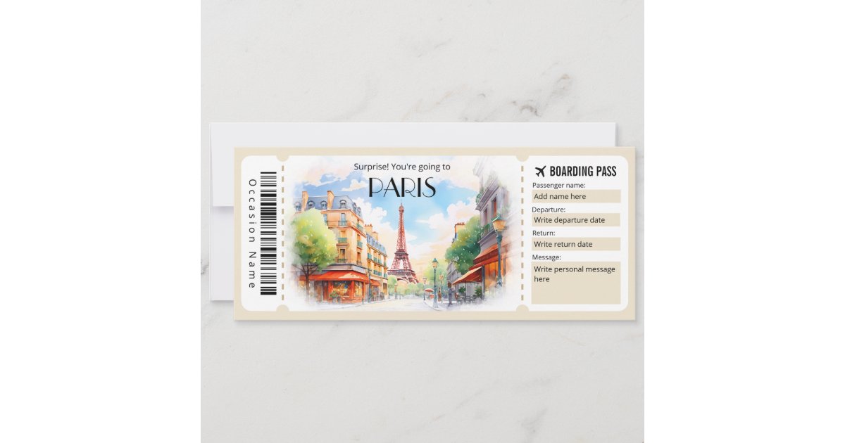 Editable Paris Plane Boarding Pass Ticket Invitation | Zazzle